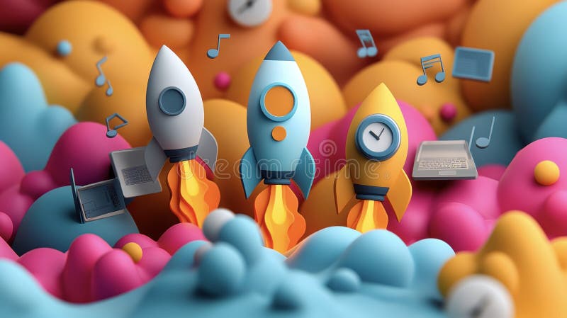 Three Rockets are Flying through a Colorful, Abstract Background Stock ...