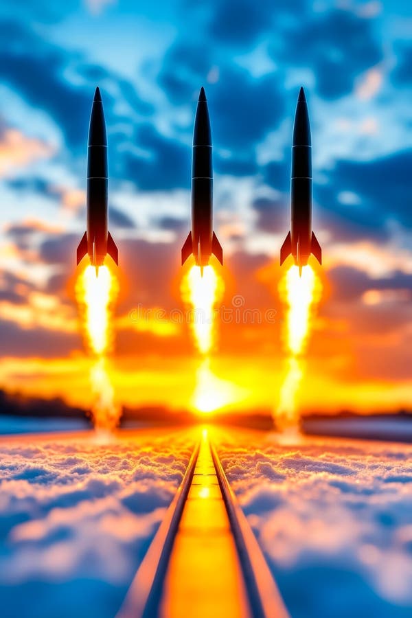 Three Rockets are Flying through the Sky at Sunset Stock Image - Image ...