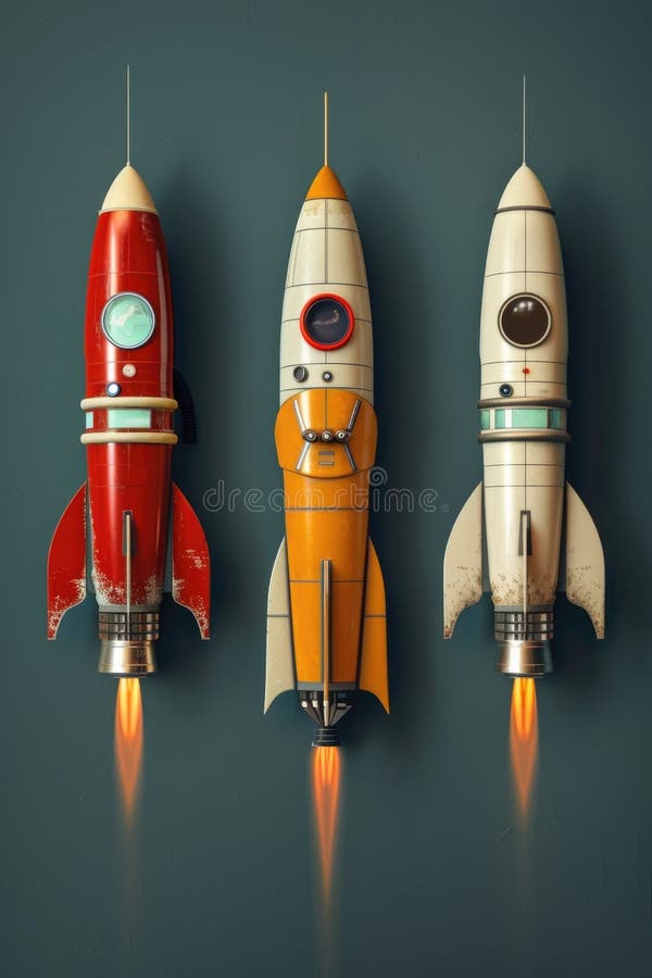 Three Rockets Hanging on a Wall, Waiting for Launch Stock Image - Image ...
