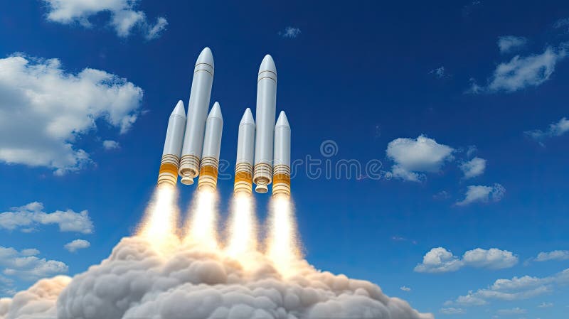 Three Rockets Launch into a Clear Sky, Leaving Trails of Smoke and Fire ...