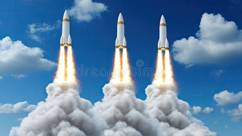 Three Rockets Launch into a Clear Sky, Leaving Trails of Smoke and Fire ...