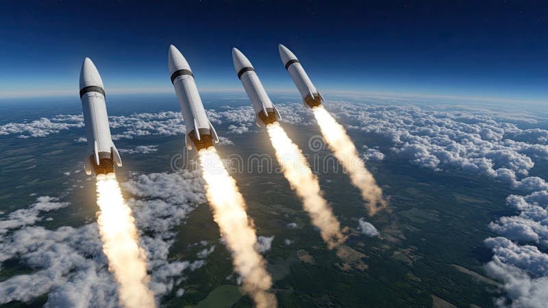 Three Rockets Launch into a Clear Sky, Leaving Trails of Smoke and Fire ...