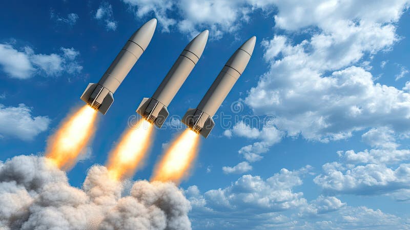 Three Rockets Launch into a Clear Sky, Leaving Trails of Smoke and Fire ...