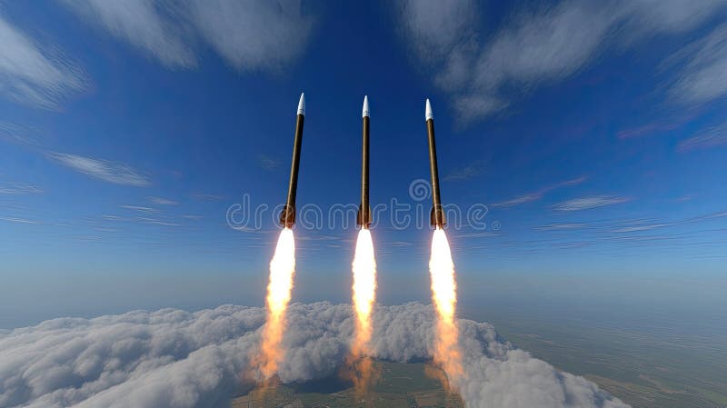 Three Rockets Launch into a Clear Sky, Leaving Trails of Smoke and Fire ...