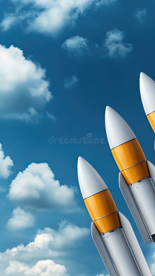 Three Rockets Launch into a Clear Sky, Leaving Trails of Smoke and Fire ...