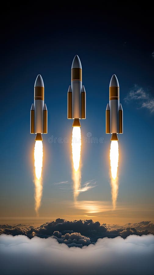Three Rockets Launch into a Clear Sky, Leaving Trails of Smoke and Fire ...