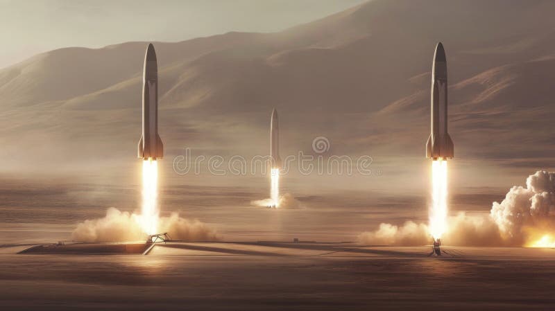 Three Rockets Launch from a Desert Launchpad at Sunset Stock Image ...