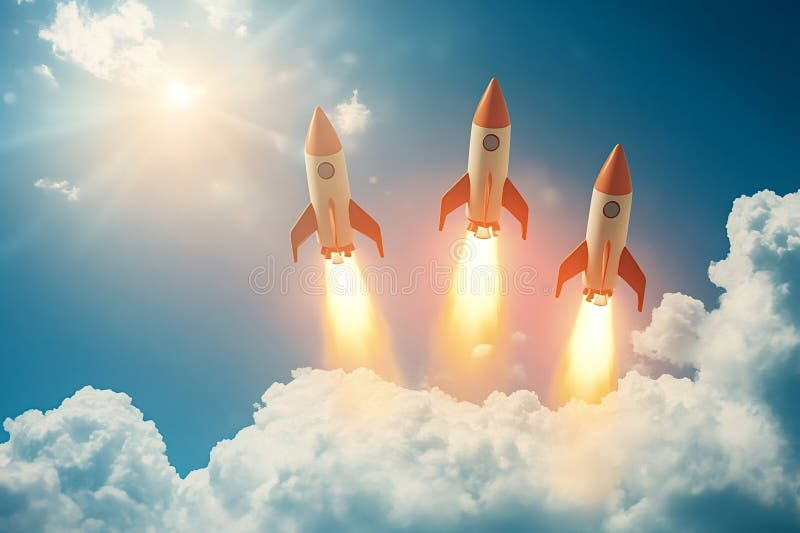 Three Rockets Launching into Space through Clouds with Sun Shining ...