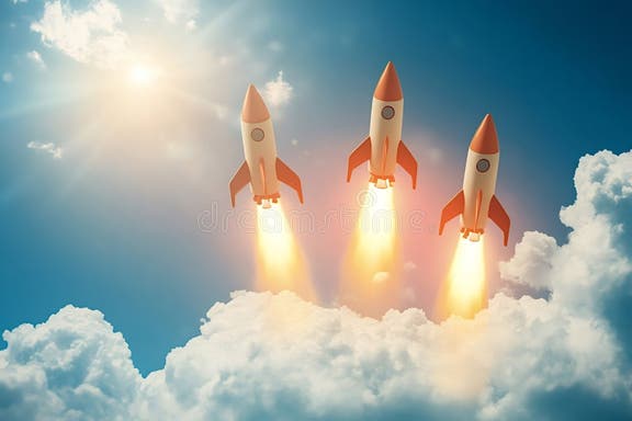 Three Rockets Launching into Space through Clouds with Sun Shining ...