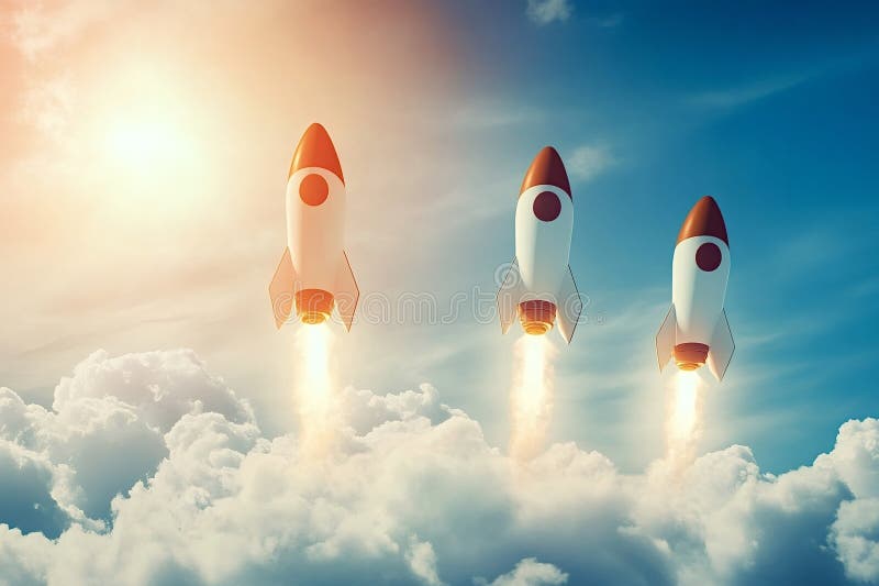 Three Rockets Launching into Space through the Clouds Stock Photo ...