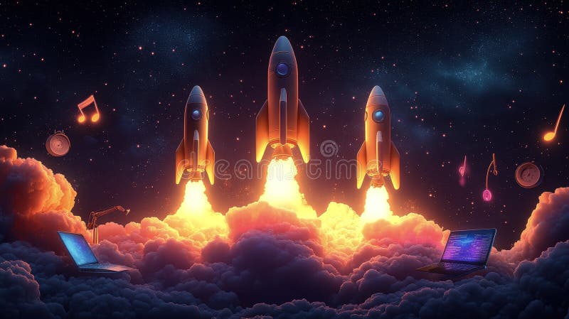 Three Rockets are Launching into Space with a Laptop Stock Photo ...