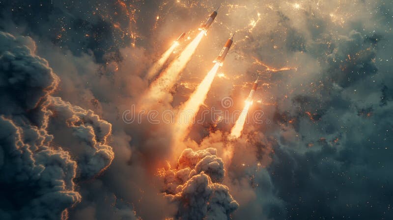 Three Rockets Launching into Space among Vibrant Clouds at Night Stock ...