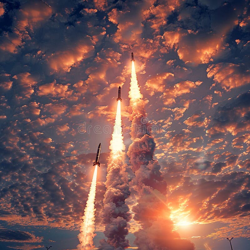 Three Rockets Launching at Sunset Against a Dramatic Sky Stock ...