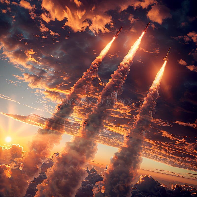 Three Rockets Launching into the Sunset Sky Above the Clouds Stock ...