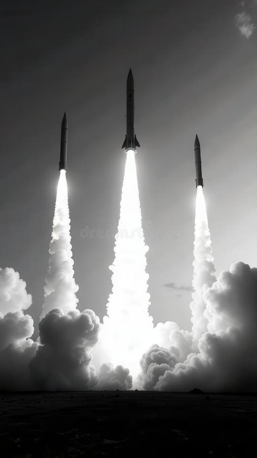 Three Rockets Soar Leaving Dramatic Trails of Smoke Behind Stock Photo ...