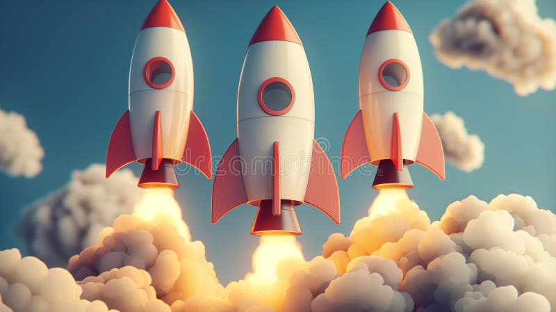 Three Rockets Take To the Sky Stock Illustration - Illustration of ...