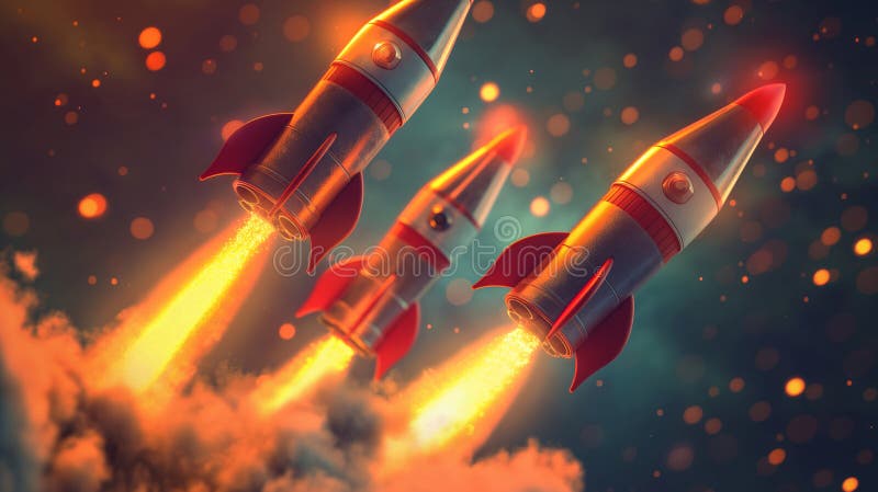 Three Rockets Take To the Sky Stock Illustration - Illustration of ...