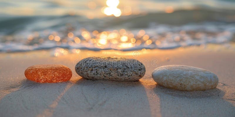 Three Rocks are on the Beach, with One Being Orange Stock Image - Image ...