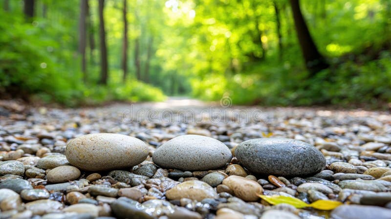 Three Rocks of Different Sizes and Colors Sit on a Gravel Path in a ...