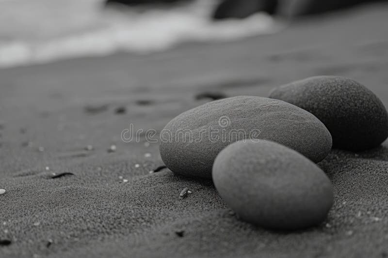 Three Rocks Sit on a Sandy Beach Next To the Vast Ocean Stock Image ...