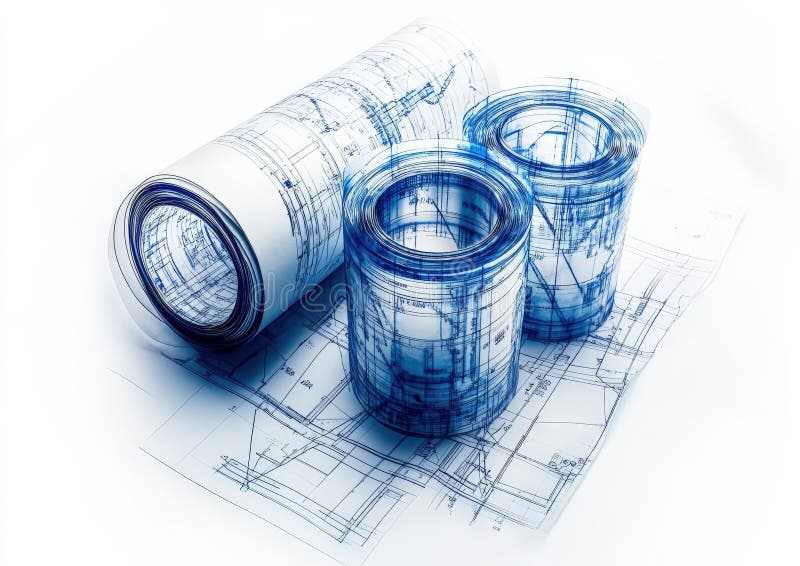 Three Rolls of Blueprints are Stacked on a White Surface Stock Photo ...
