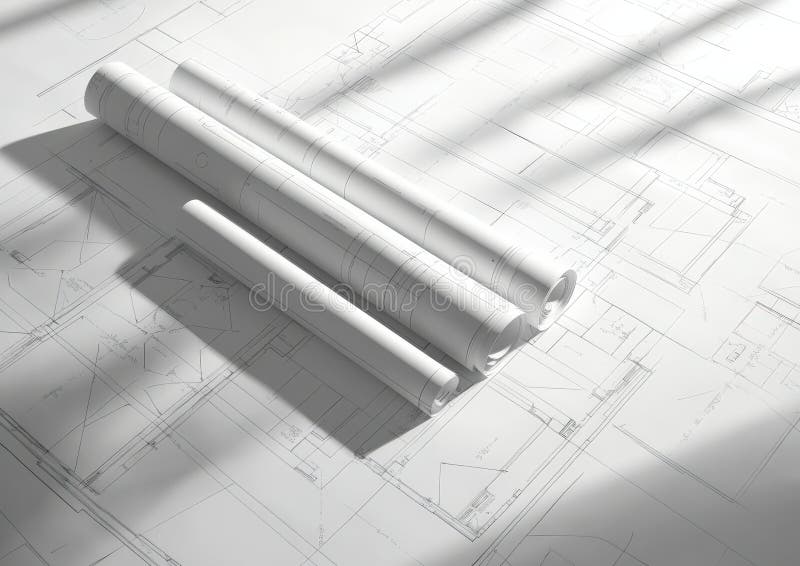 Three Rolls of Blueprints are Stacked on a White Surface Stock Image ...