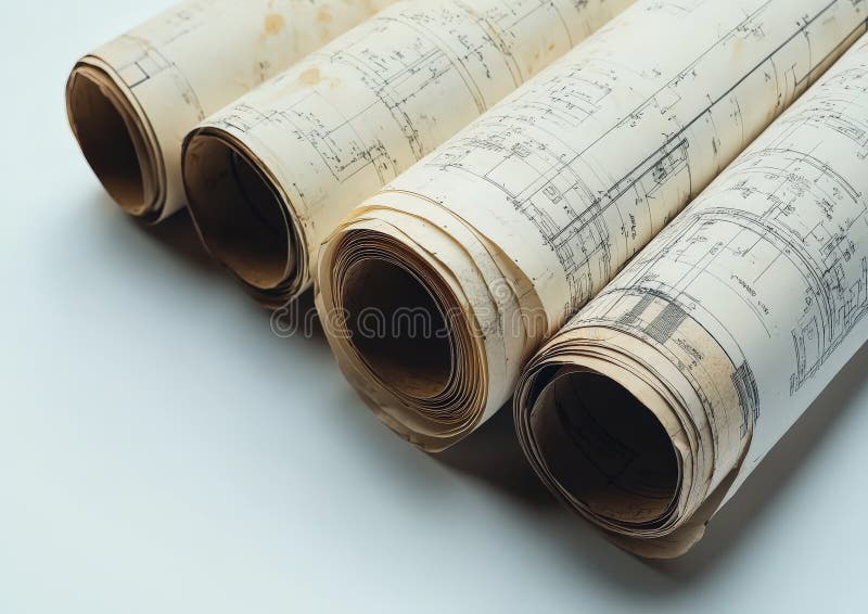 Three Rolls of Blueprints are Stacked on a White Surface Stock Image ...