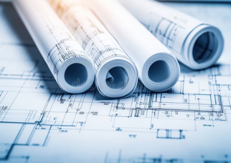 Three Rolls of Blueprints are Stacked on a White Surface Stock Image ...