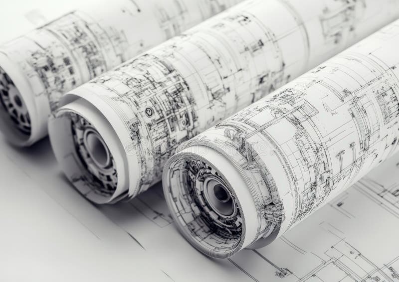 Three Rolls of Blueprints are Stacked on a White Surface Stock Photo ...