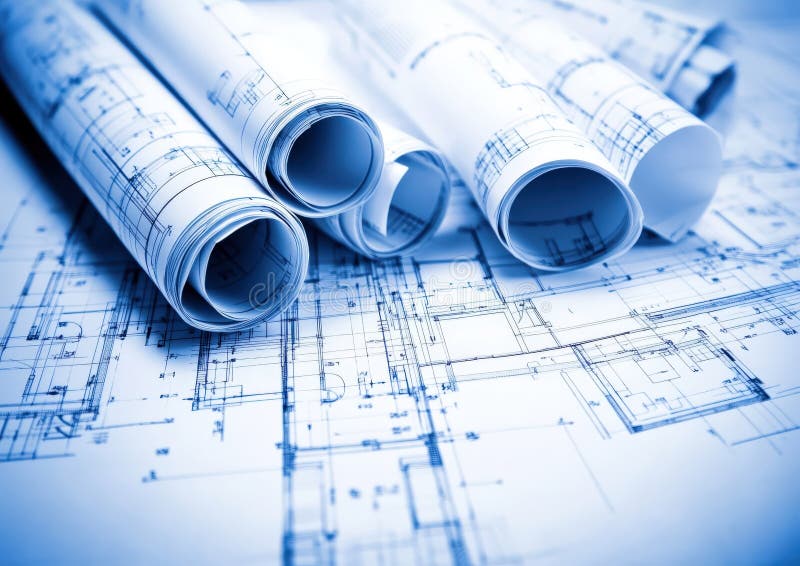 Three Rolls of Blueprints are Stacked on a White Surface Stock Image ...