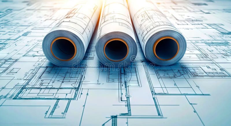 Three Rolls of Blueprints on Top of a Table Stock Photo - Image of ...