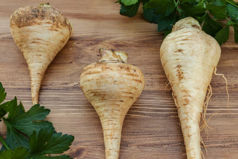Three Root Crops of Parsnip on a Light Brown Wooden Surface, on the ...