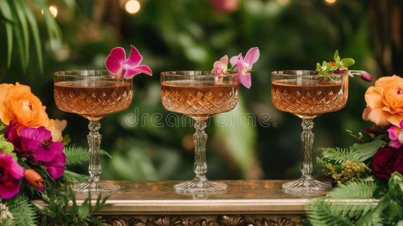 Three Rose Cocktails with Orchids and Flowers Stock Illustration ...