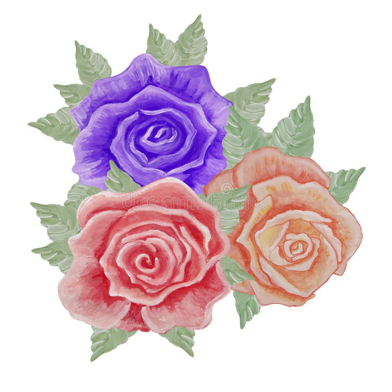 Three Roses of Different Colors with Green Foliage Isolated on a ...