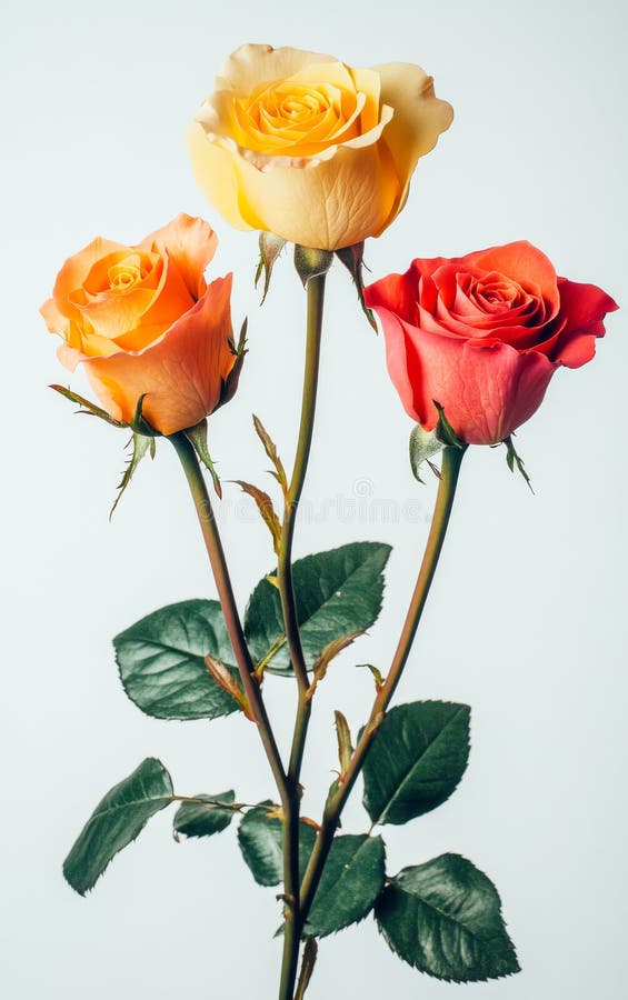 Three Roses are Standing Upright, with One Being Yellow, One Being ...