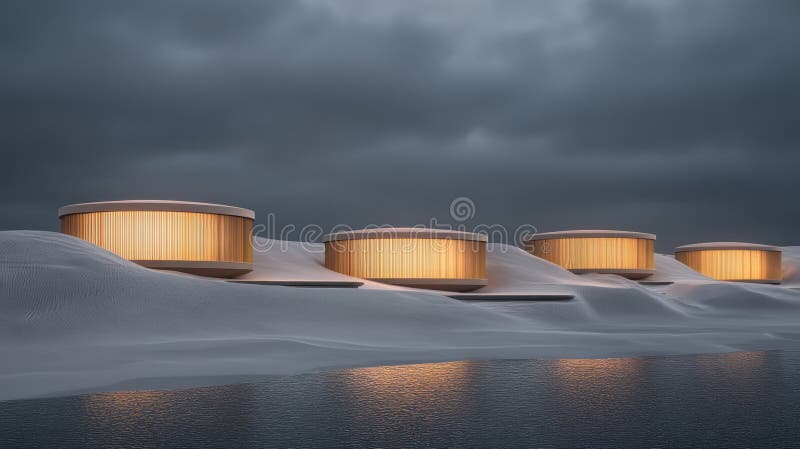 Three Round Buildings in a Desert Landscape, Unique Architectural ...