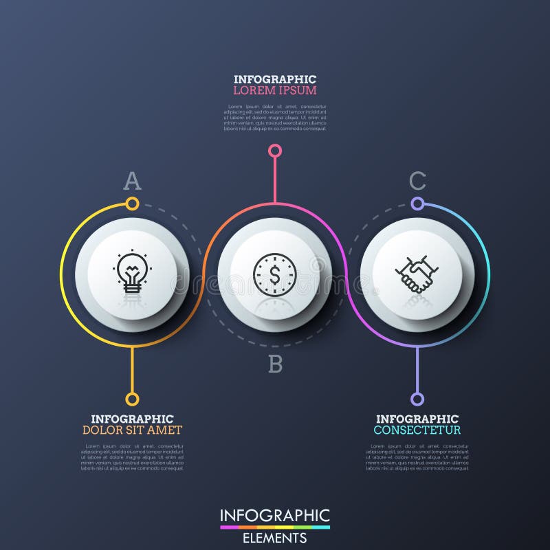 Three Round Elements with Linear Symbols Inside, Colored Line Going ...