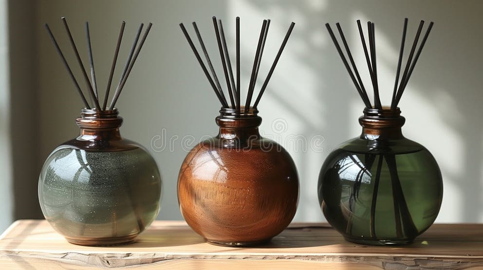 Three Glass Diffusers with Black Sticks on a Wooden Table Stock Photo ...