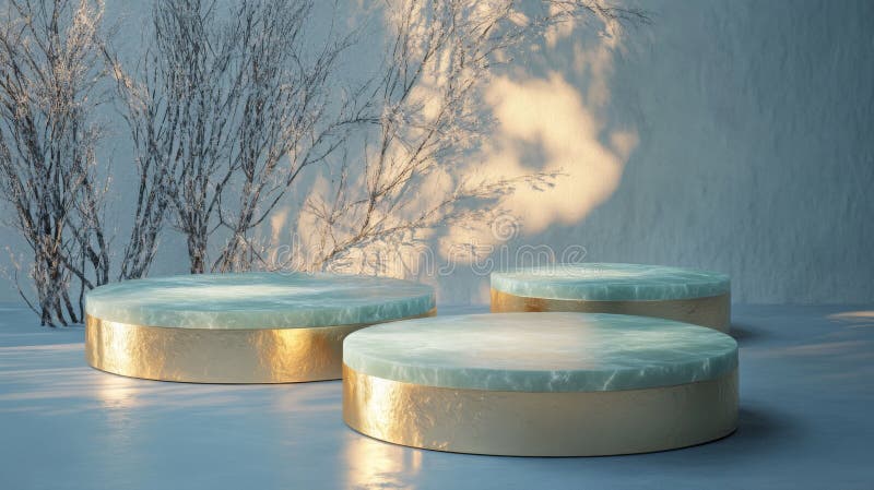 Three Gold and Blue Circular Podiums Sit in the Snow, Framed by Frosted ...