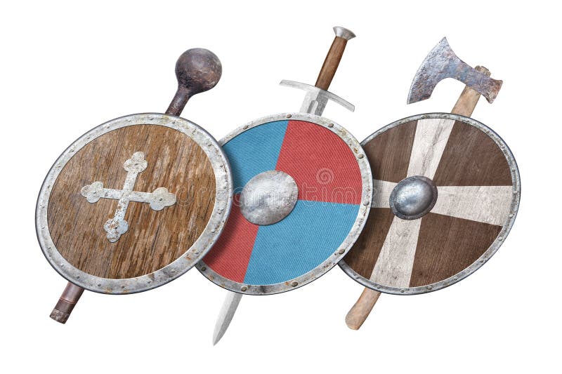 Three Round Shields and Knightly Weapons on White Stock Image - Image ...
