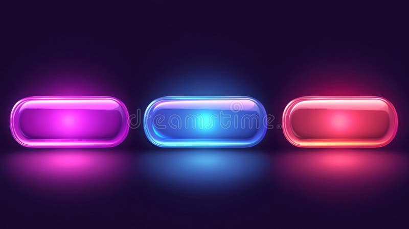 Three Rounded Rectangular Buttons Illuminated with Neon Light in Dark ...