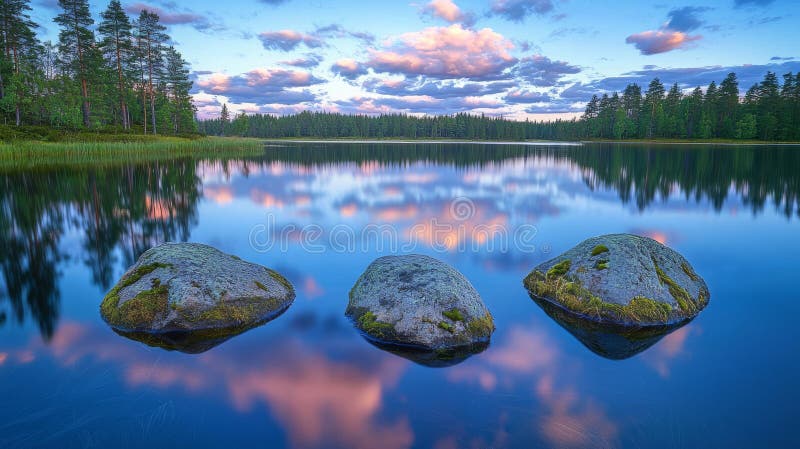 Three Rounded Stones Rise from the Water in a Serene Landscape that is ...