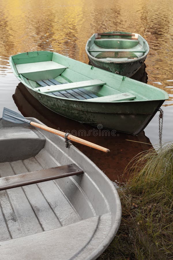Three Rowboats are at Coast of a Still Lake Stock Photo - Image of ...