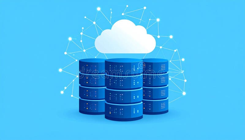 Three Rows Data Servers Connected To Cloud Network on a Blue Background Stock Illustration ...