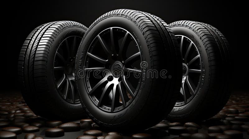 Three Rubber Tires Placed Alongside Coffee Beans on a Black Surface ...