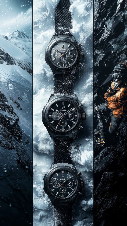Three Rugged Watches Showcased on a Snow-covered Mountain Backdrop ...