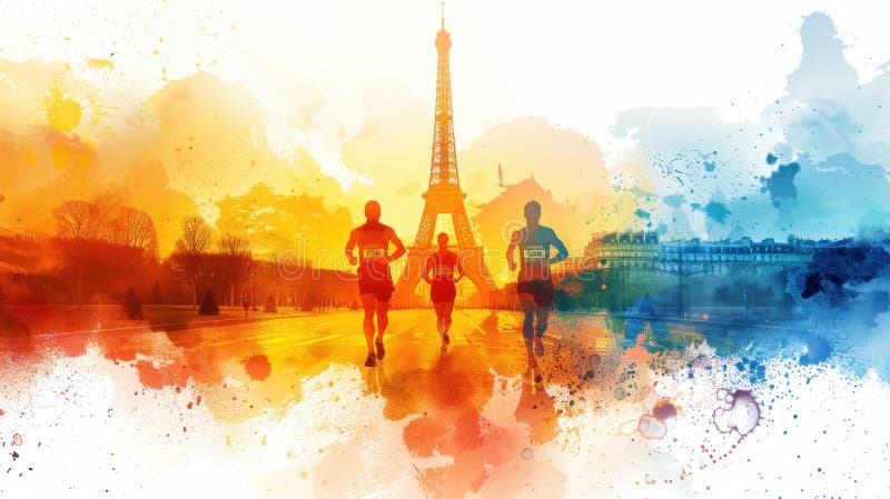 Three Runners are Running in Front of the Eiffel Tower Stock ...