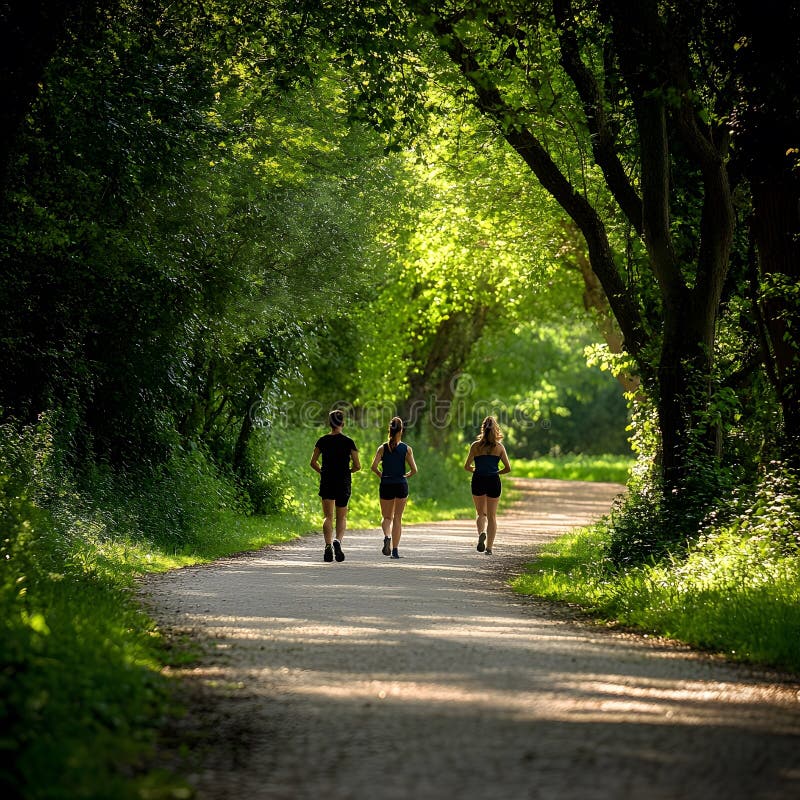 Three Runners on a Sun Dappled Path through Lush Green Trees Stock ...