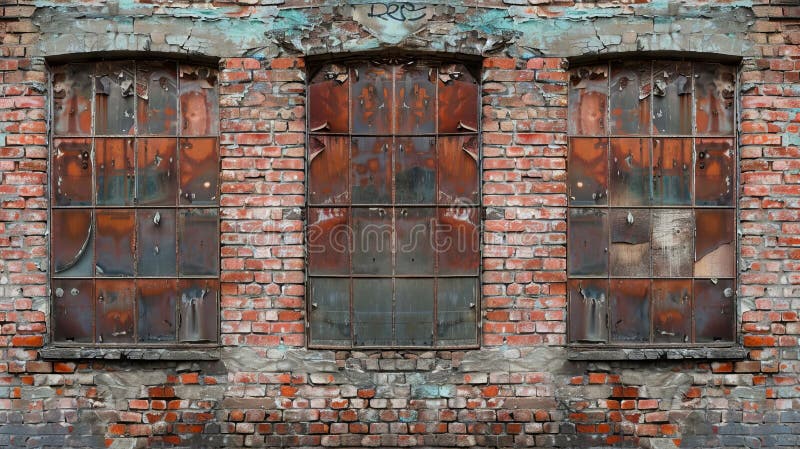 Three Rusted Windows on an Old Brick Wall Stock Photo - Image of rusted ...