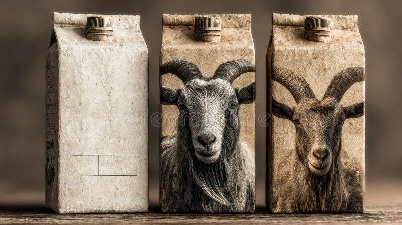 Three Rustic Cardboard Milk Cartons with Hyperrealistic Goat ...